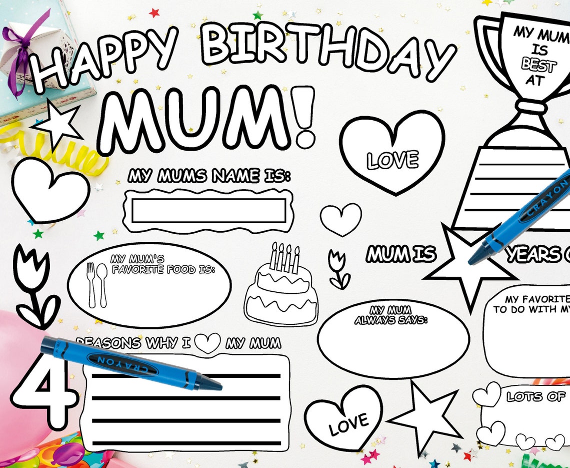 Happy Birthday Mum Coloring Page Printable All About Mum Fill - Etsy