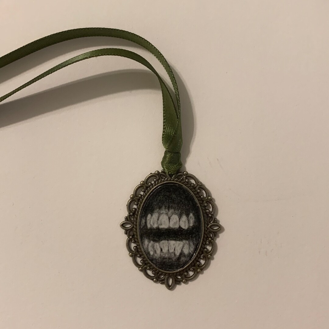 Hand Drawn Eerie Gothic Teeth Ornate Victorian Pendant With Green ...