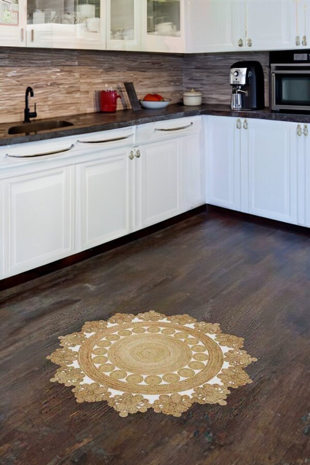 Gold and White Round Kitchen Rug Knitted Straw Flower - Etsy