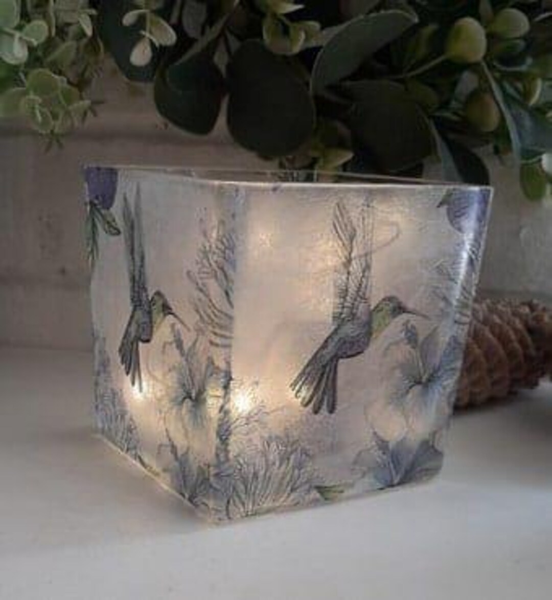 Hummingbird and Blue Floral Square Glass Tealight Holder/nightlight ...