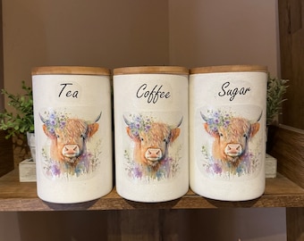 Highland Cow Tea, Coffee, Sugar Canisters, Kitchen Canisters Biscuit ...