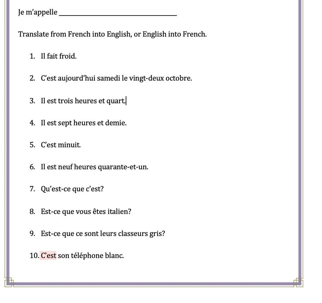 Beginning French Quiz: Colors, Weather, Time, être, Aller. Printable ...