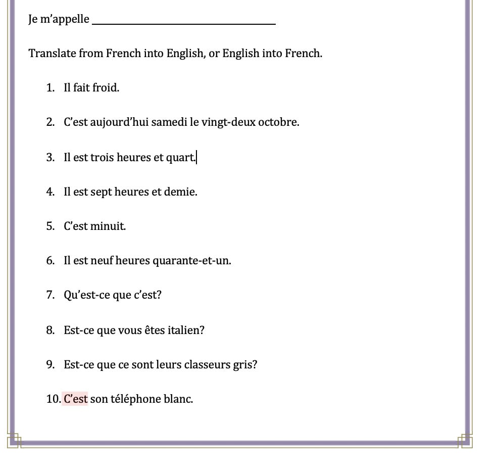 Beginning French Quiz: Colors, Weather, Time, être, Aller. Printable ...