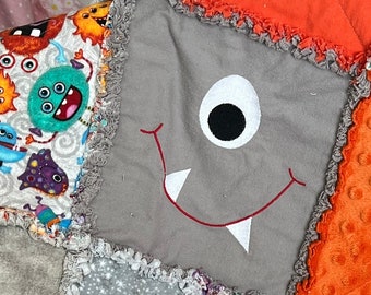 Monster Baby Rag Quilt Orange Flannel Baby Quilt Gray Baby Blanket Non ...