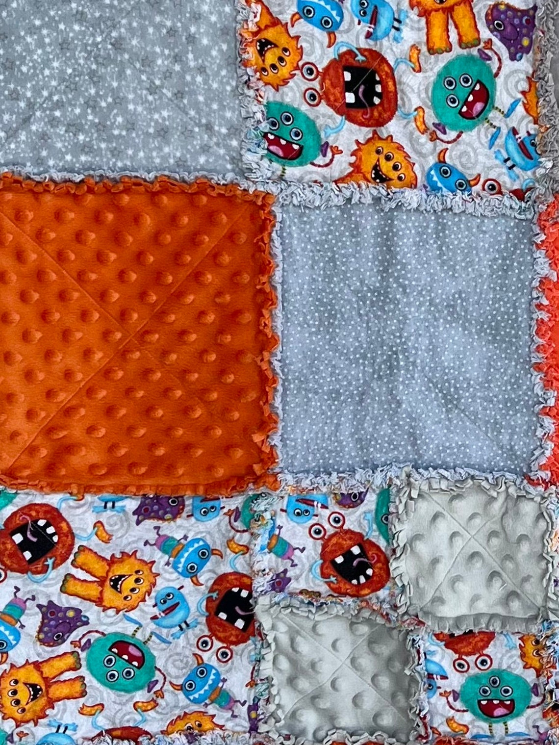 Monster Baby Rag Quilt Orange Flannel Baby Quilt Gray Baby Blanket Non ...