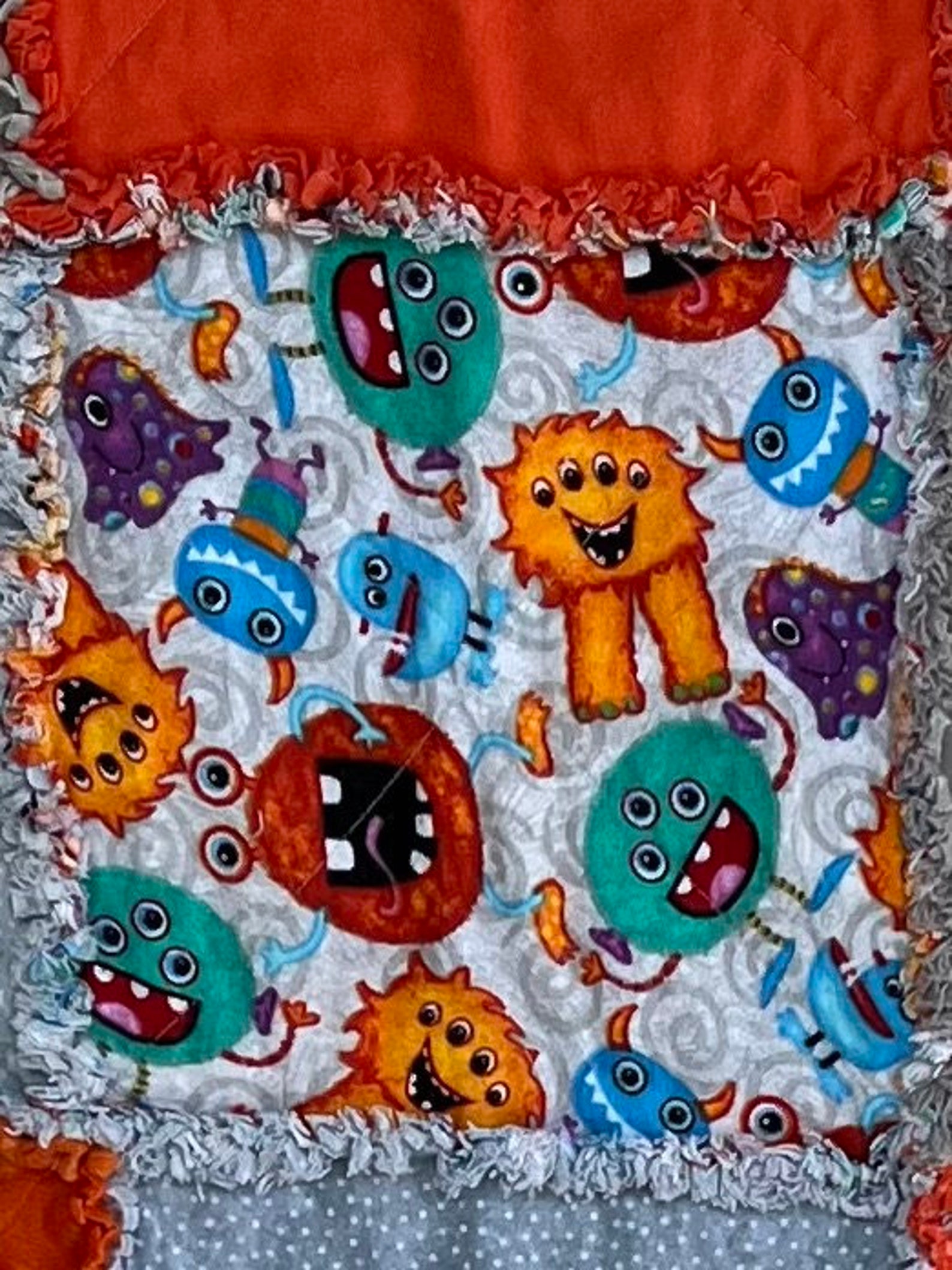 Monster Baby Rag Quilt Orange Flannel Baby Quilt Gray Baby Blanket Non ...