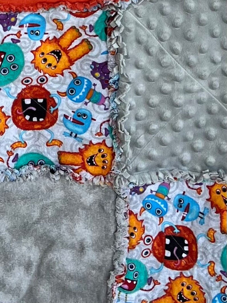 Monster Baby Rag Quilt Orange Flannel Baby Quilt Gray Baby Blanket Non ...