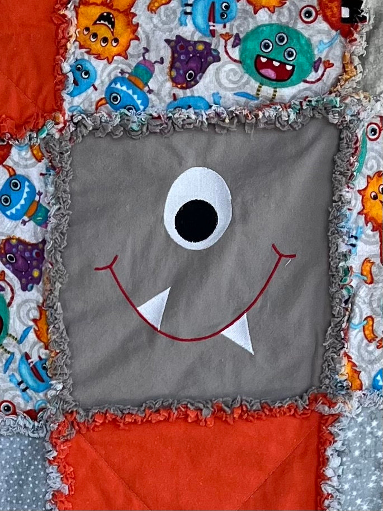 Monster Baby Rag Quilt Orange Flannel Baby Quilt Gray Baby Blanket Non ...