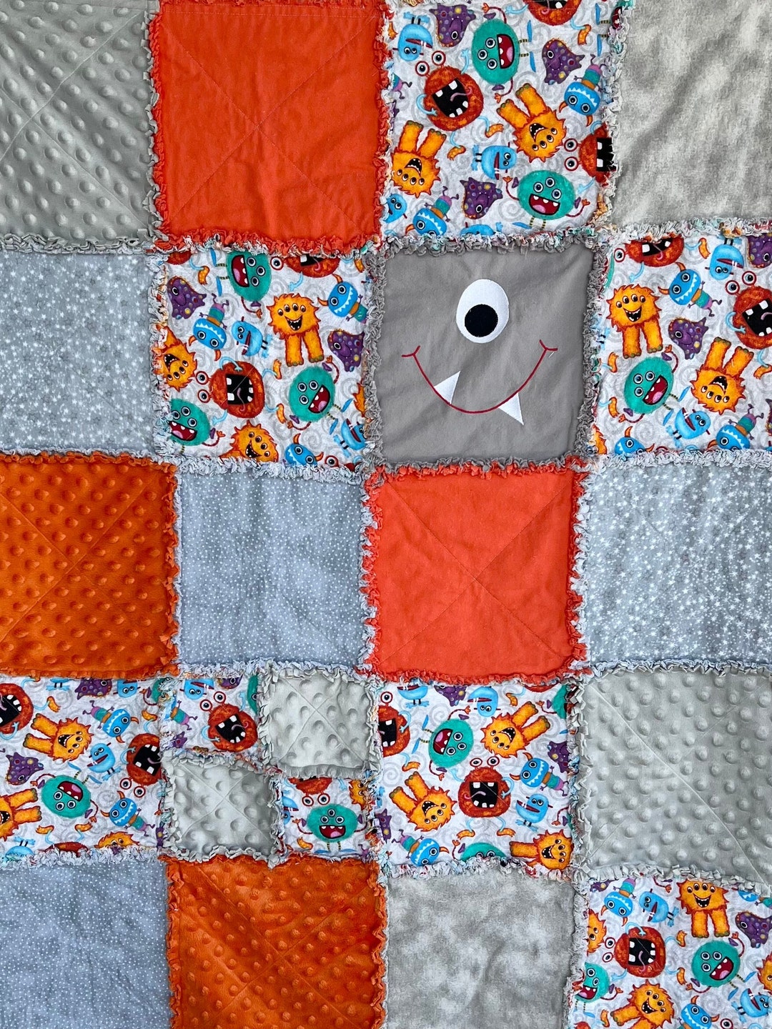 Monster Baby Rag Quilt Orange Flannel Baby Quilt Gray Baby Blanket Non ...