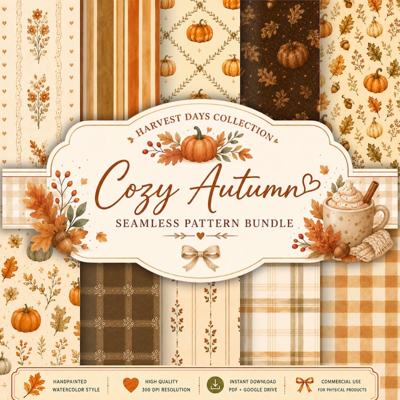 Cozy Autumn Harvest Seamless Pattern Bundle | Fall Digital Paper ...
