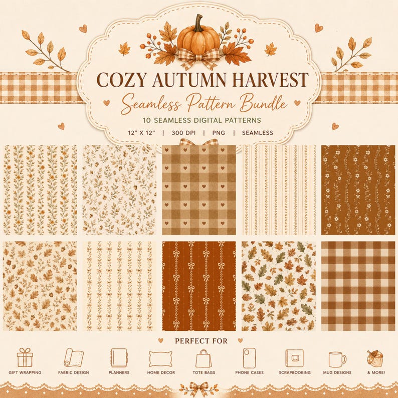 Autumn Harvest Seamless Pattern Bundle | Cozy Fall Digital Paper Pack ...