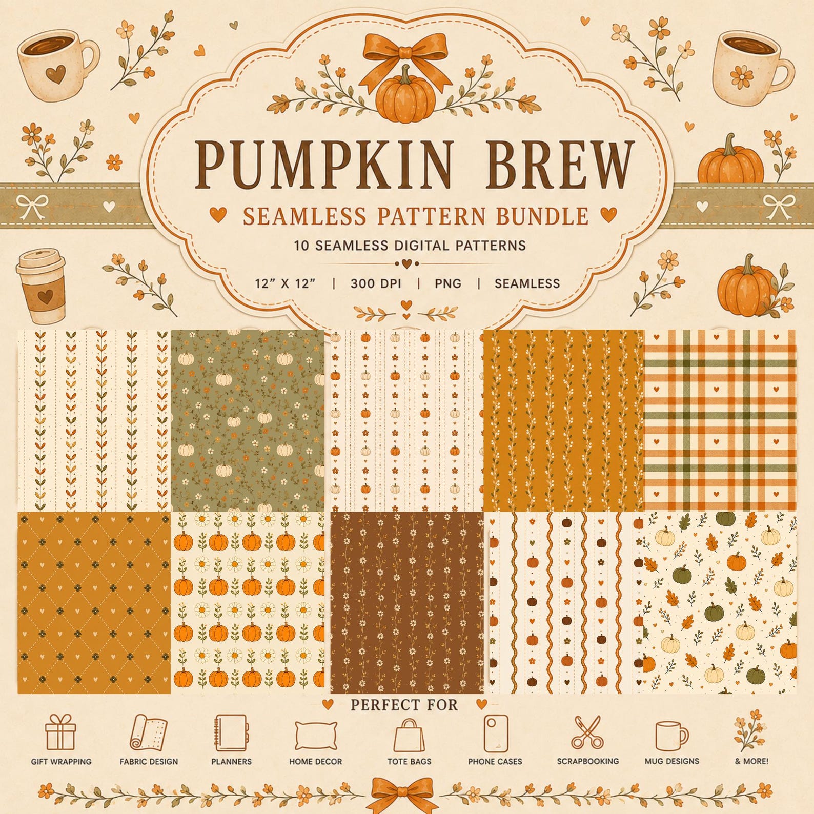 Cozy Fall Pumpkin 10 Seamless Pattern Bundle | Autumn Cottagecore ...