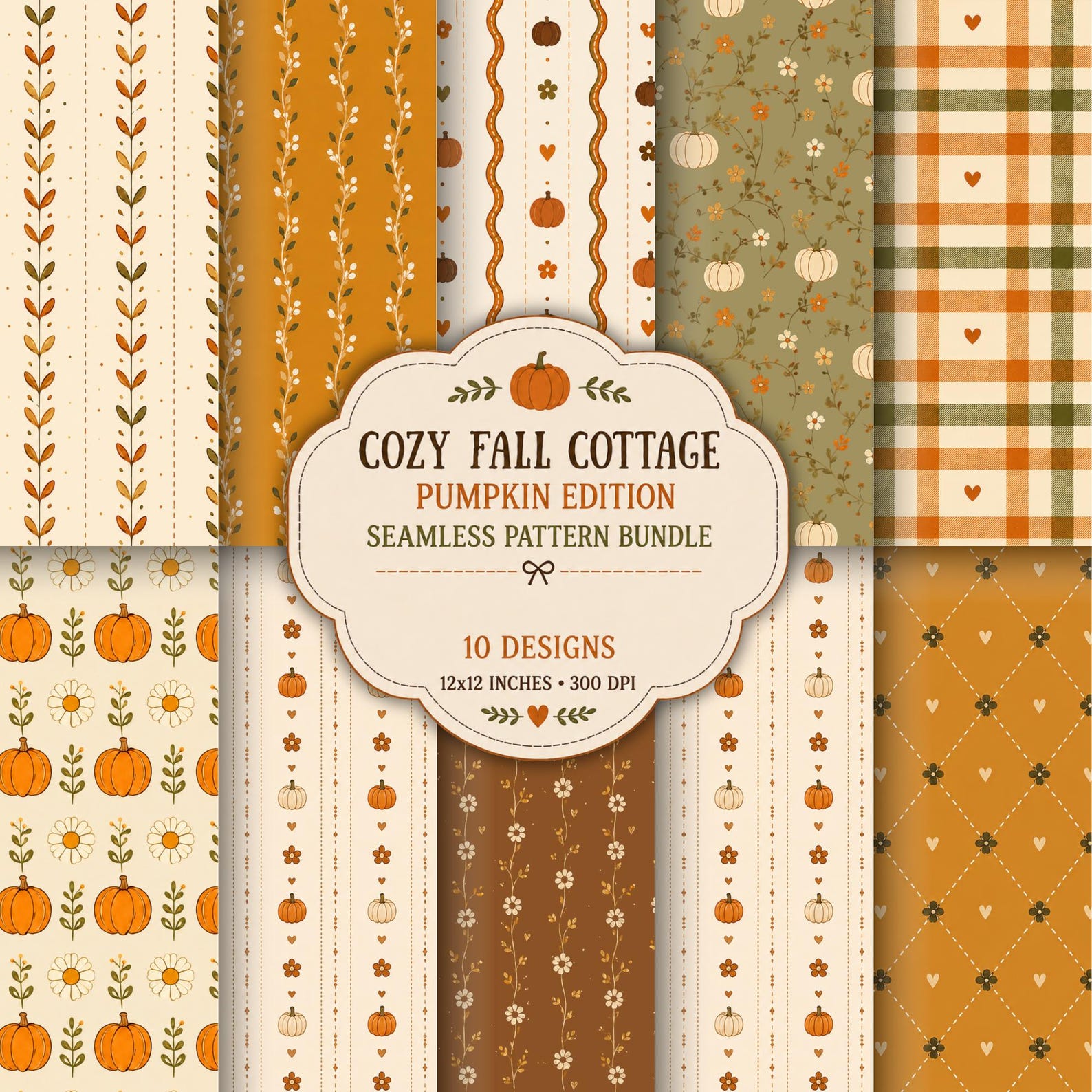 Cozy Fall Pumpkin 10 Seamless Pattern Bundle | Autumn Cottagecore ...