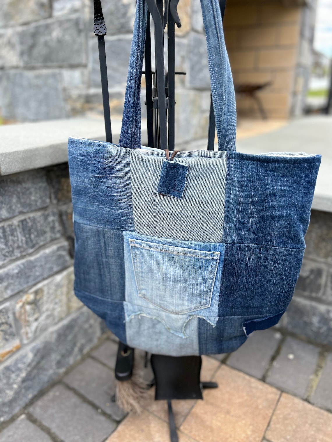 Upcycled Oversized Denim Patchwork Handbag With Wood Buttons - Etsy