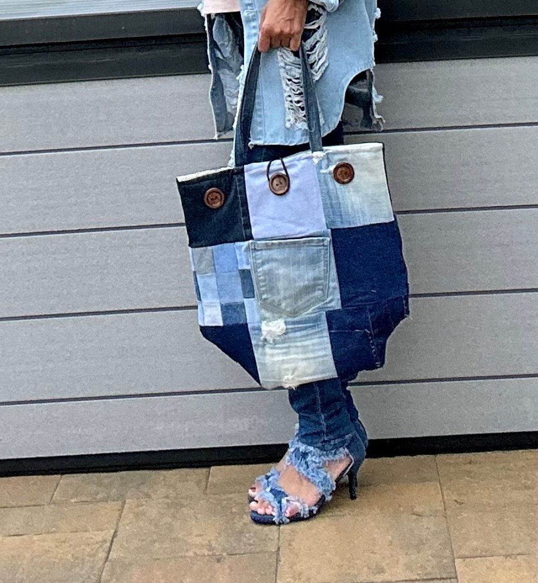 Upcycled Oversized Denim Patchwork Handbag With Wood Buttons - Etsy