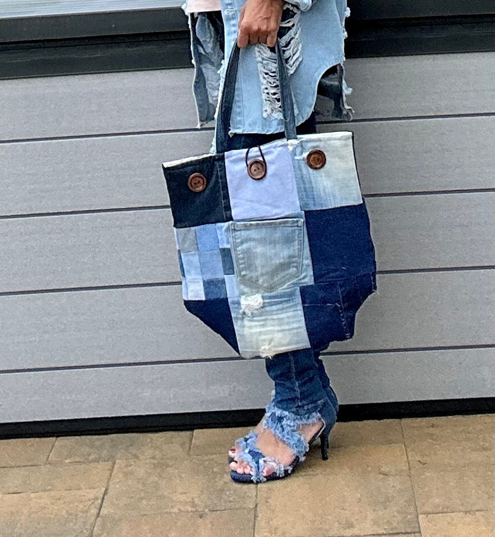 Upcycled Oversized Denim Patchwork Handbag With Wood Buttons - Etsy
