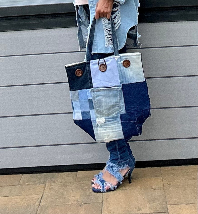 Upcycled Oversized Denim Patchwork Handbag With Wood Buttons - Etsy