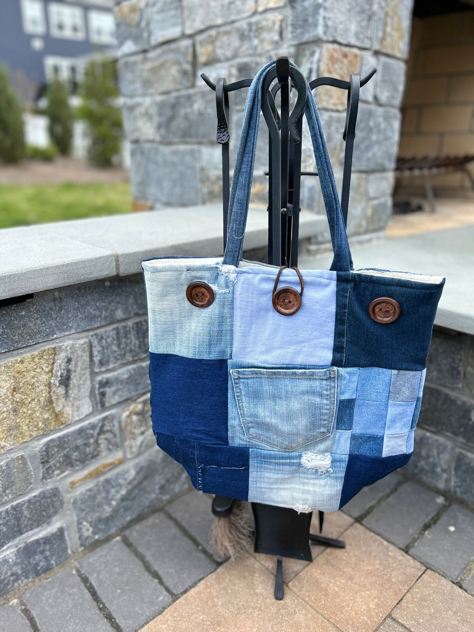 Upcycled Oversized Denim Patchwork Handbag With Wood Buttons - Etsy