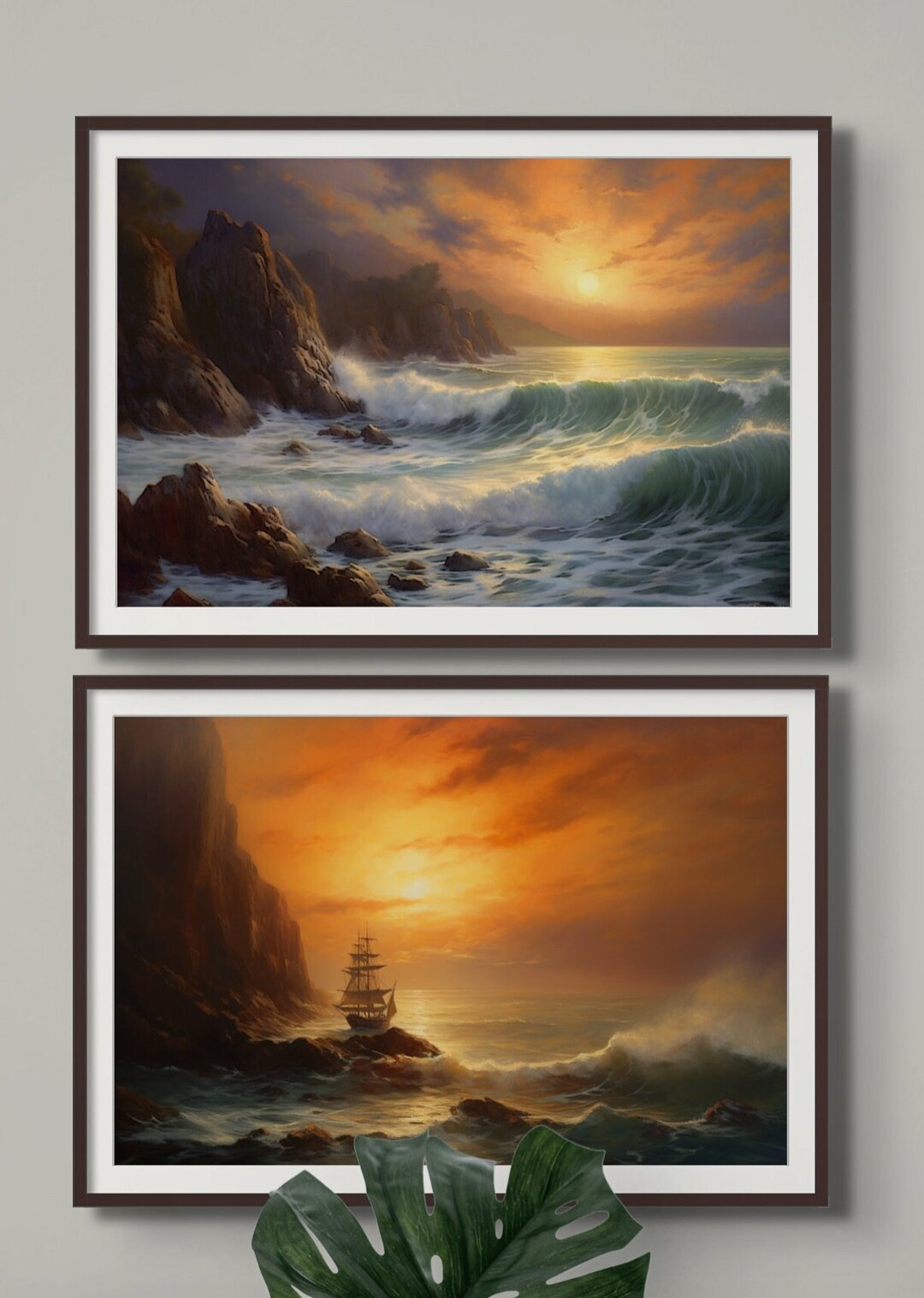 Two Vintage Oil Painting Ocean Sunset Ship Coastal Oceanscape Digital ...