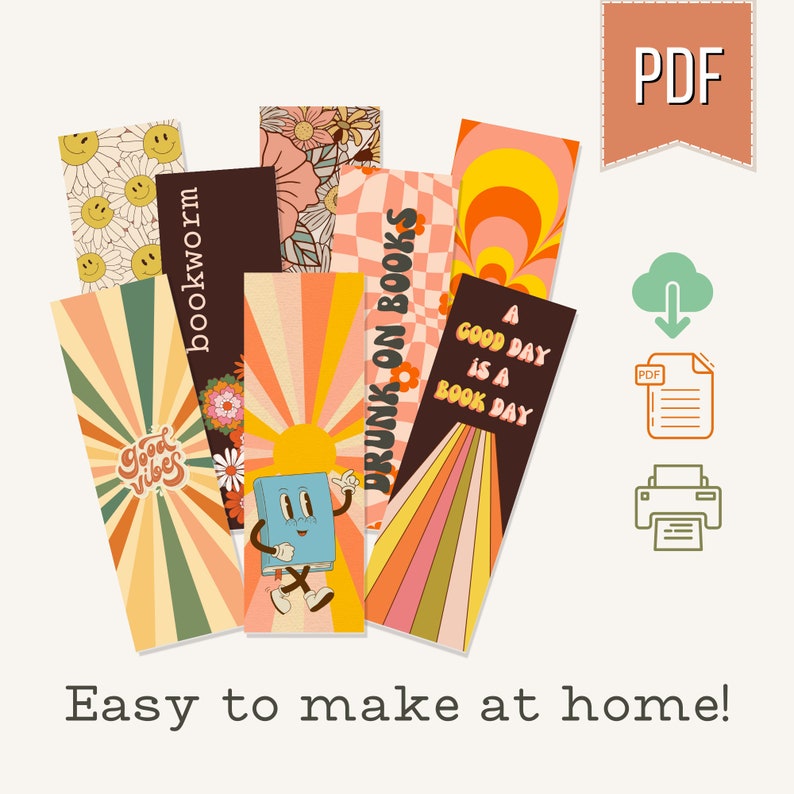 Groovy Retro Printable Bookmark PDF Download, Book Nerd Gift, DIY ...
