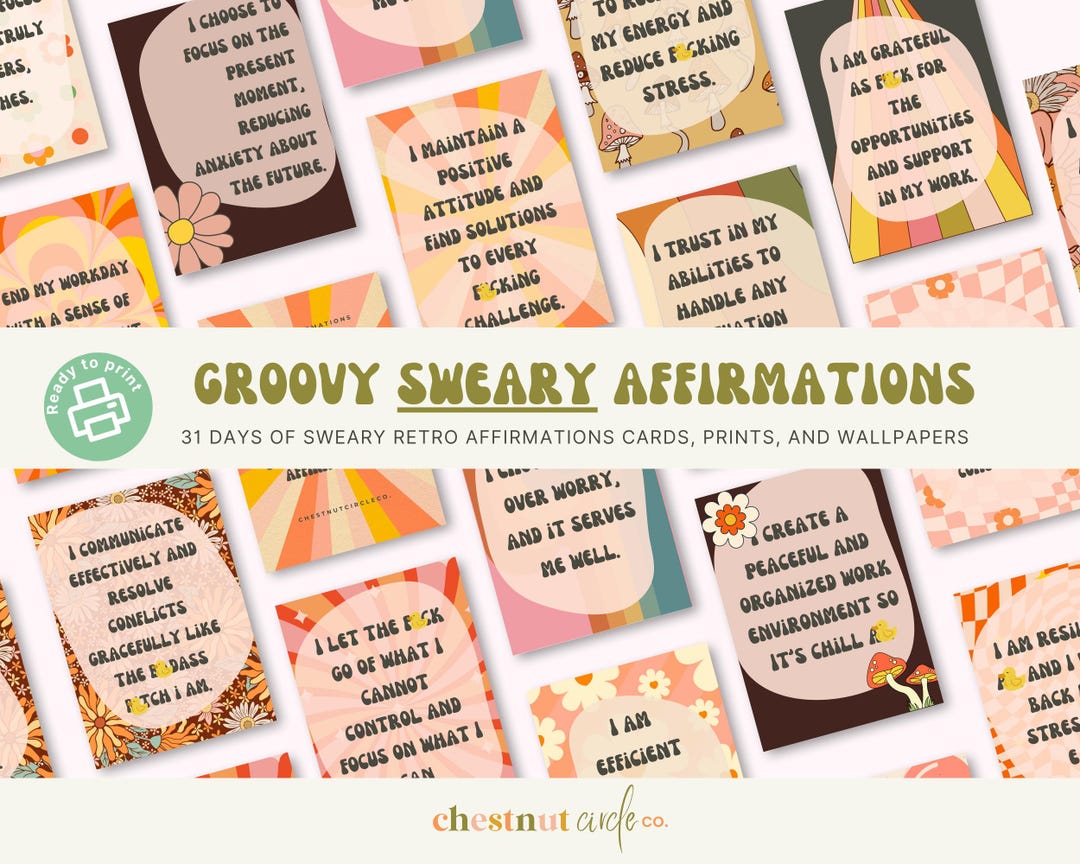 Printable SWEARY Retro Affirmation Cards, for Mental Health, Self Care ...