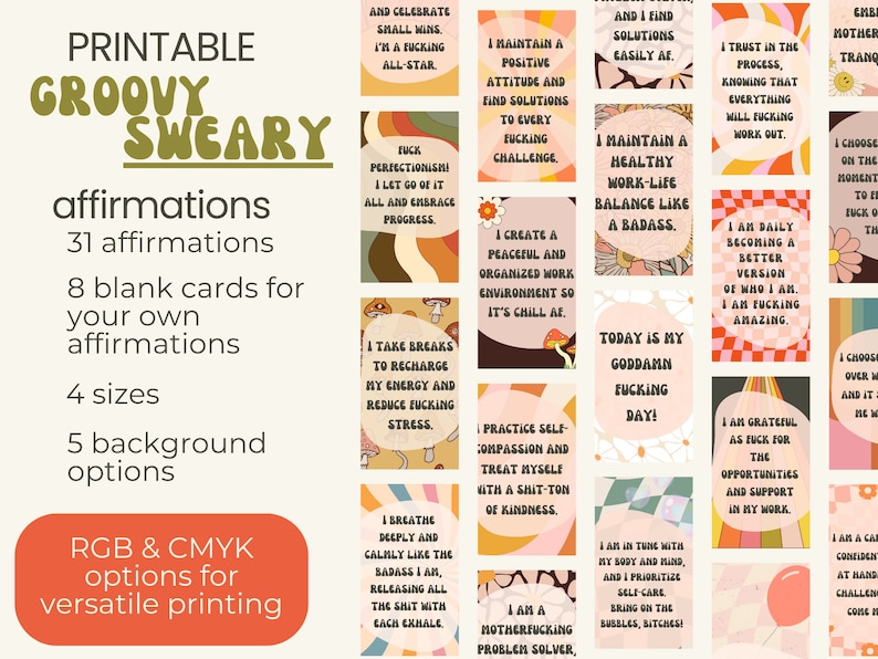 Groovy Sweary Retro Affirmation Cards, Funny Curse Word Quote Prints ...