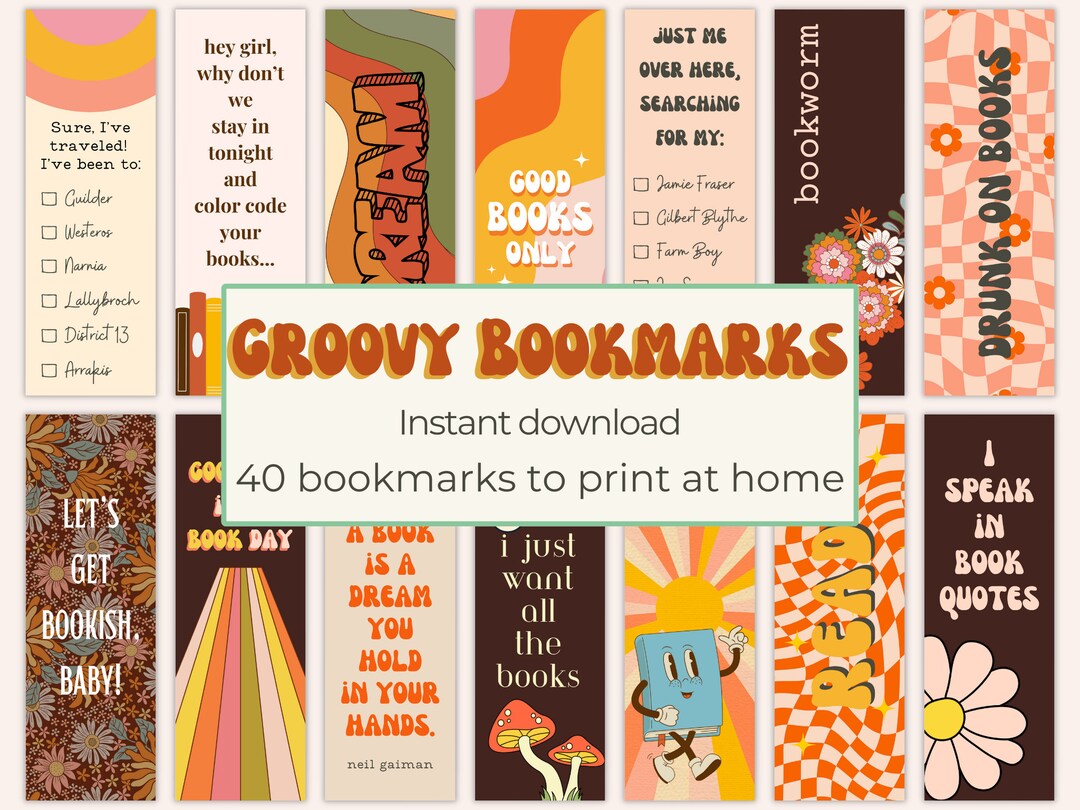 Groovy Retro Printable Bookmark PDF Download, Book Nerd Gift, DIY ...