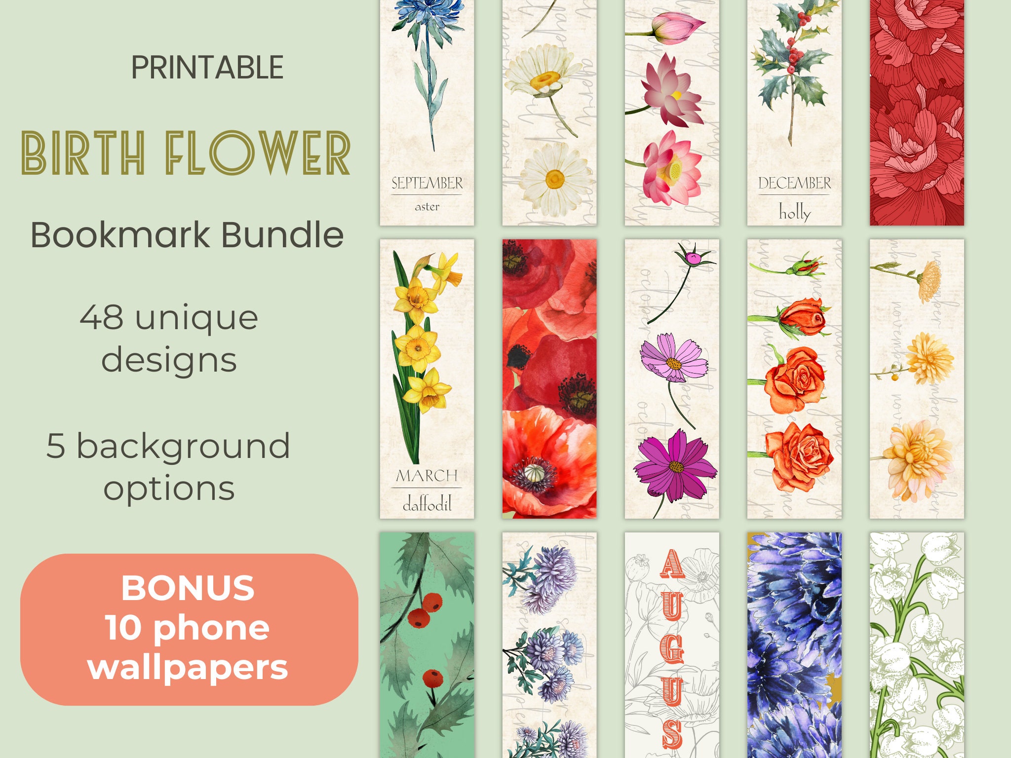 Cute Birth Flower Printable Bookmark PDF Download, Book Nerd Gift for ...