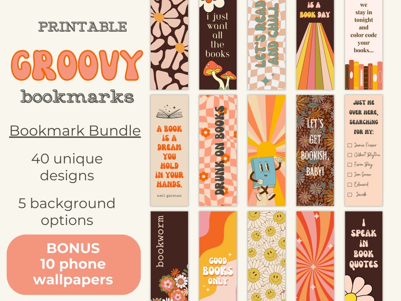 Groovy Retro Printable Bookmark PDF Download, Book Nerd Gift, DIY ...