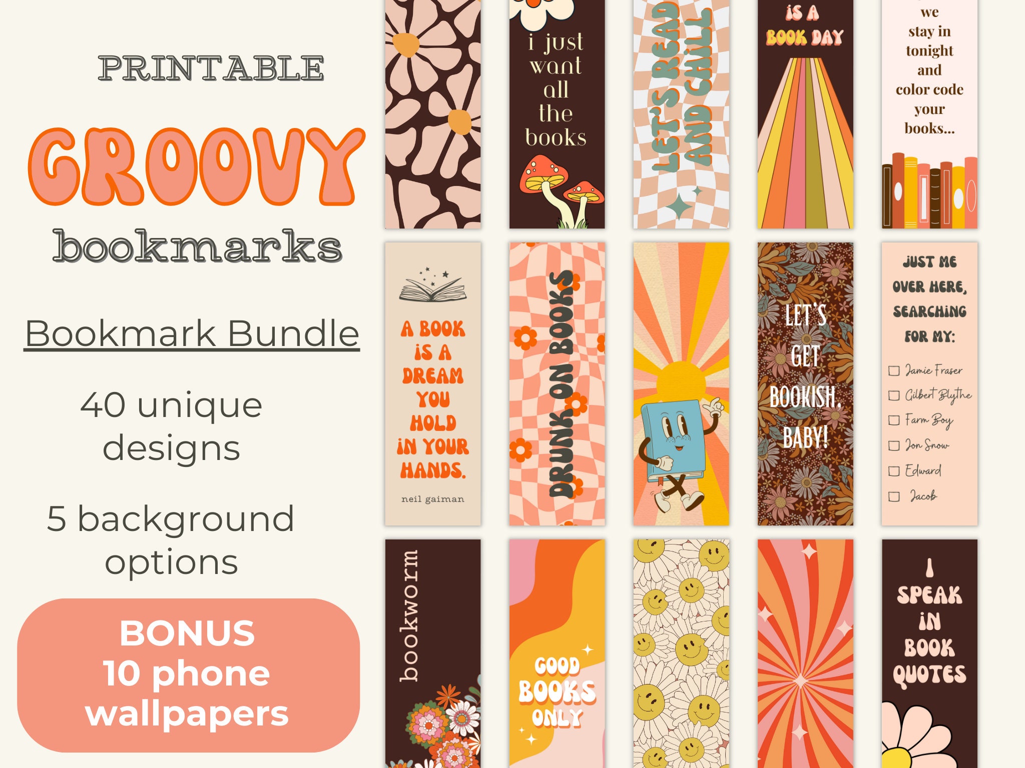 Groovy Retro Printable Bookmark PDF Download, Book Nerd Gift, DIY ...