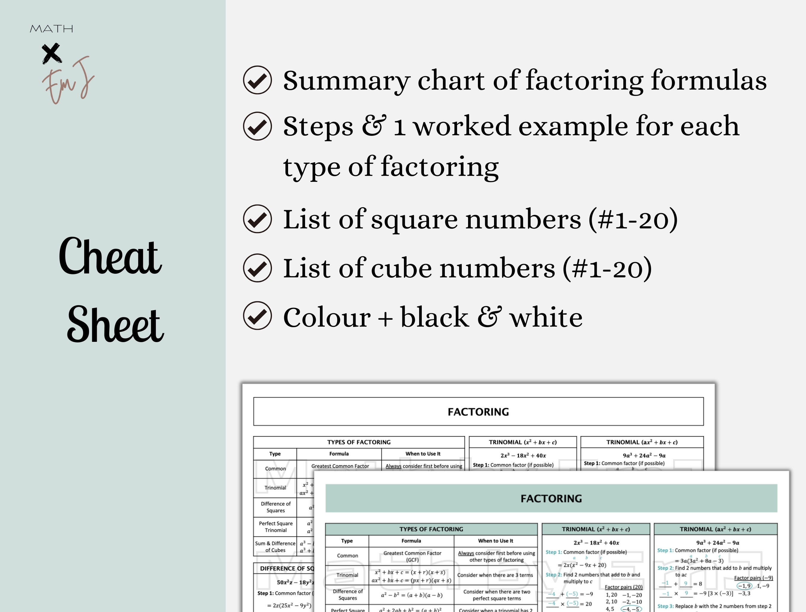 Factoring Cheat Sheet High School Math MCR3U, MHF4U & Algebra 2 - Etsy