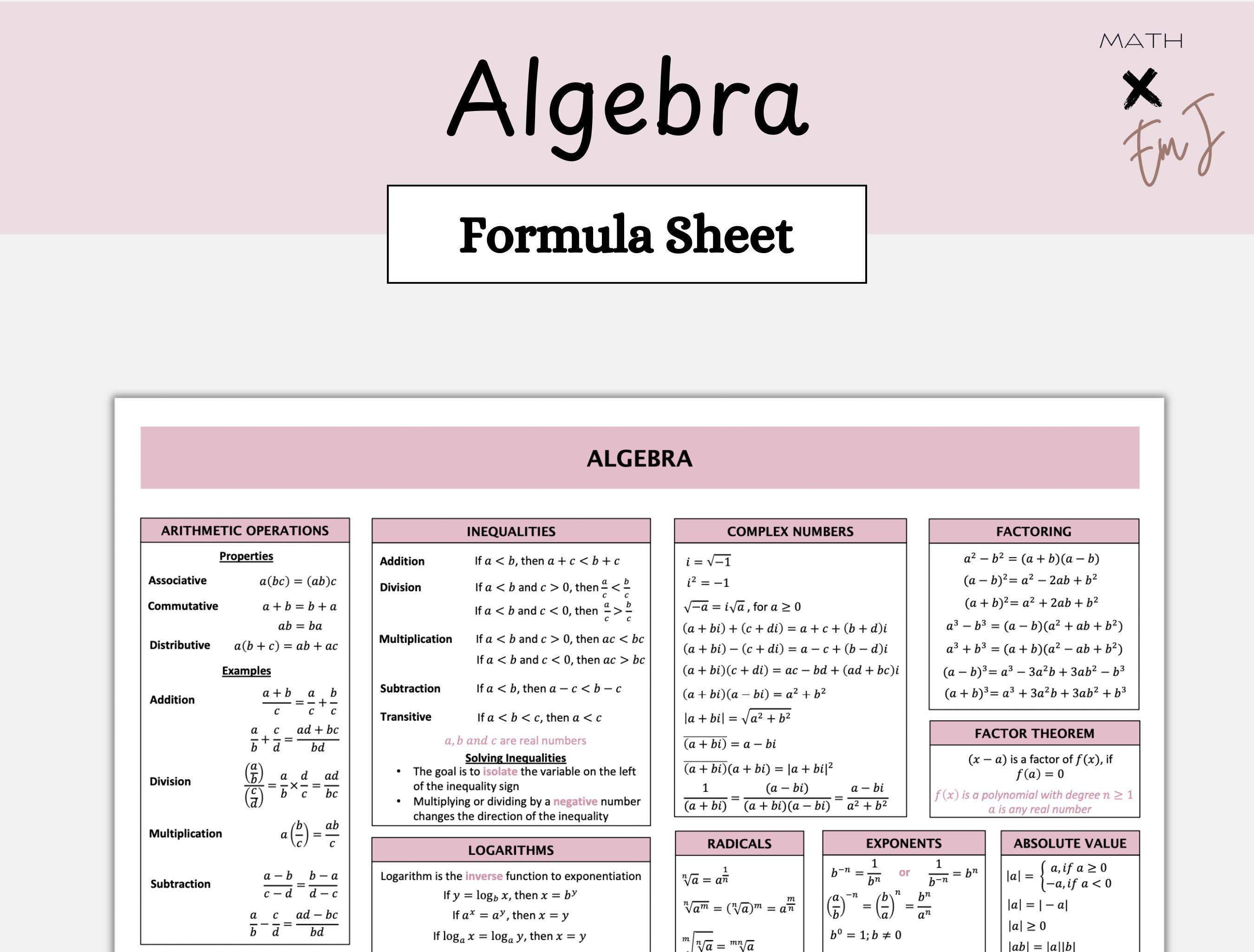 College Algebra Formula Chart Algebra Trigonometry Calculus (all