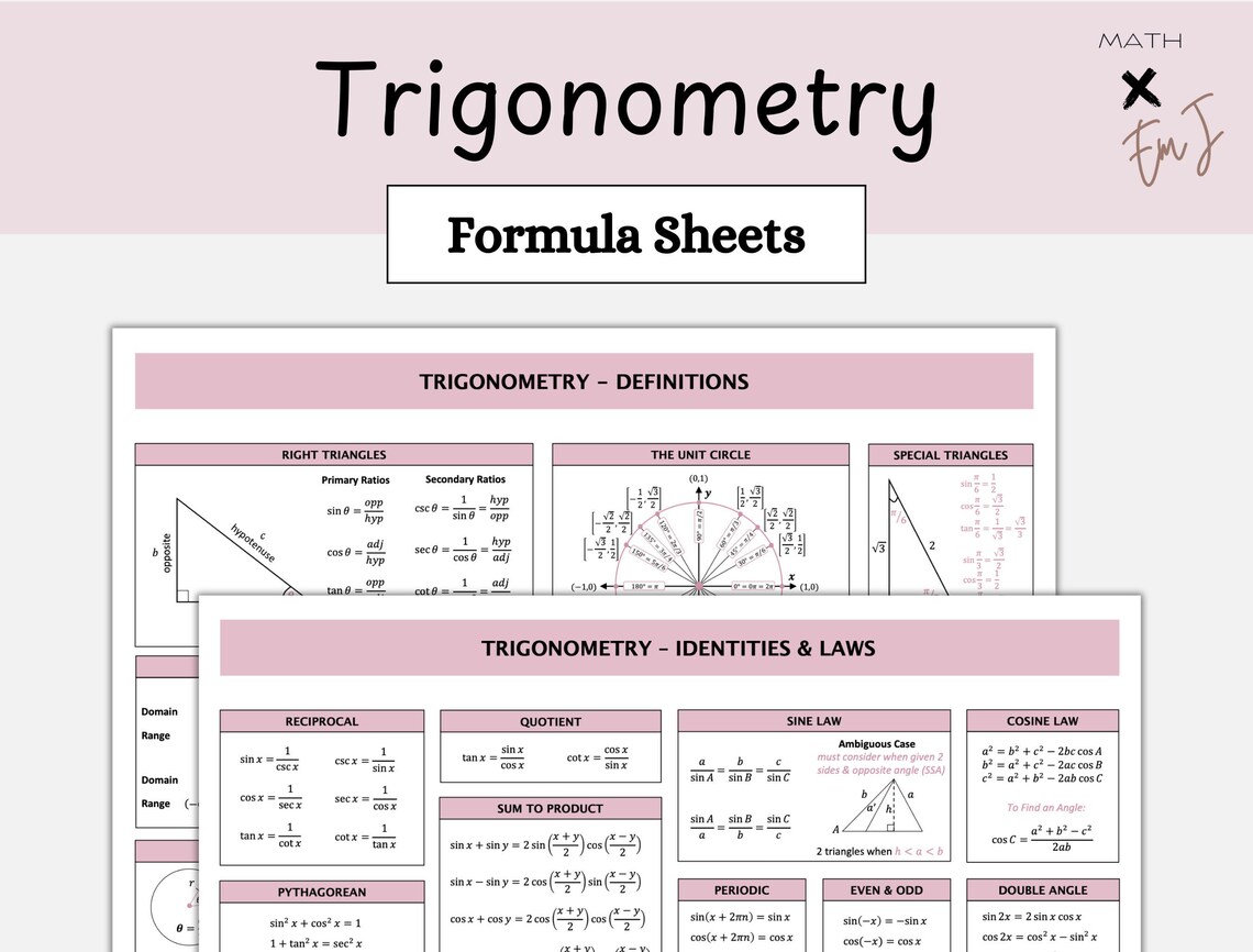 Trigonometry Formula Sheets Trigonometry Definitions Trigonometry ...