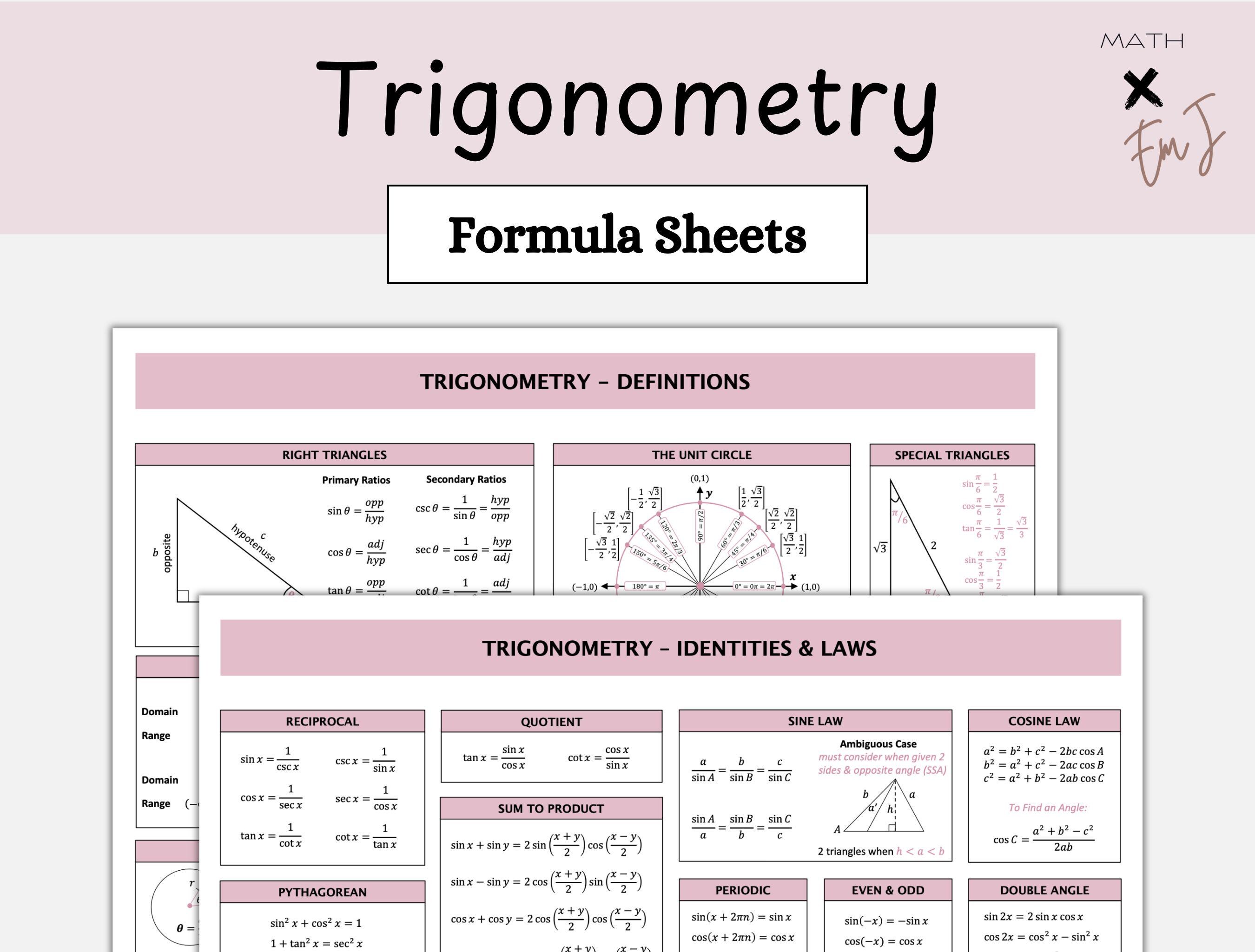 Trigonometry Formula Sheets Trigonometry Definitions Trigonometry ...
