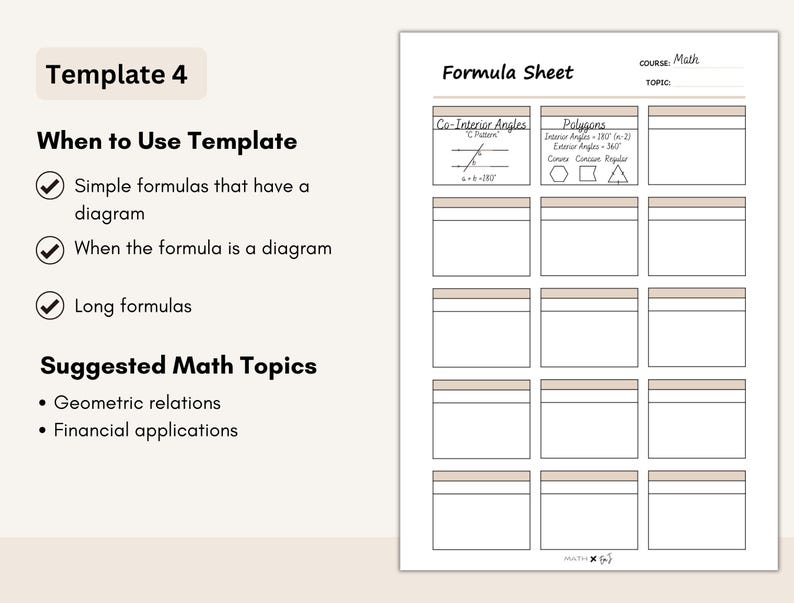 Math Formula Sheet Templates | Topic Summary Math Notes Reference Sheet ...