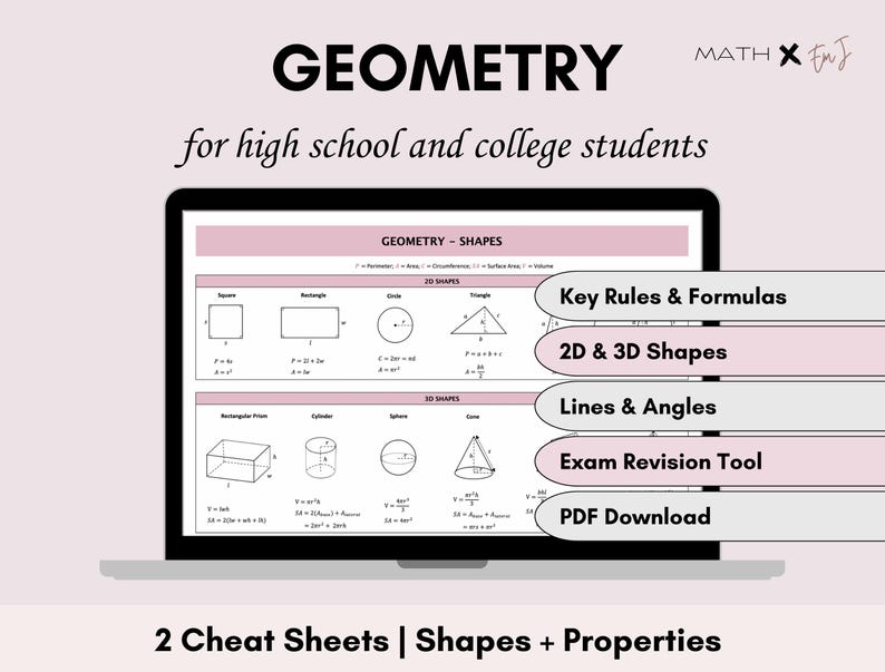 Geometry Cheat Sheet | 2D/3D Shapes, Angles & Analytical Geometry | Math Formula Reference Study ...