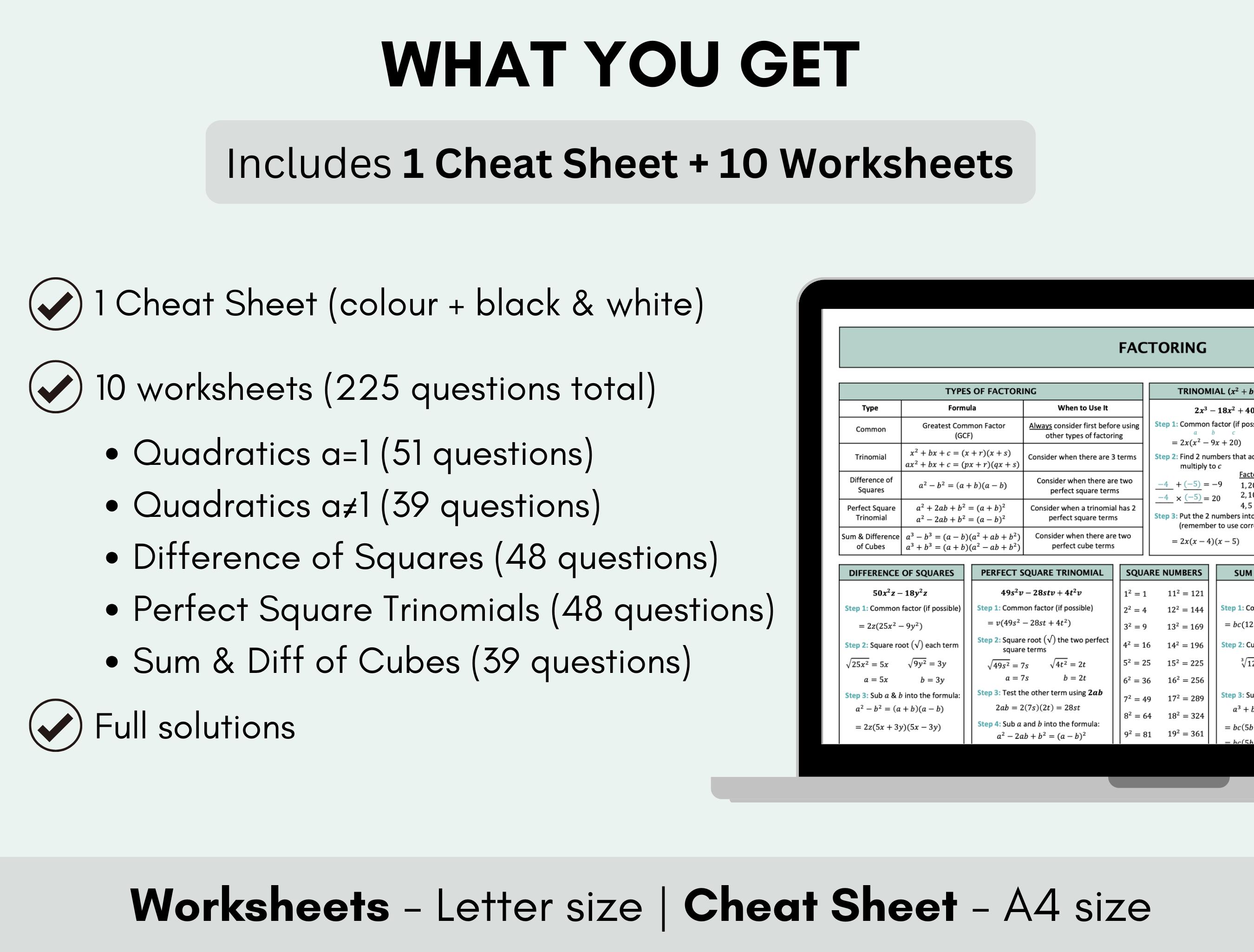 Factoring Worksheets & Cheat Sheet Printable Algebra Worksheets Math ...