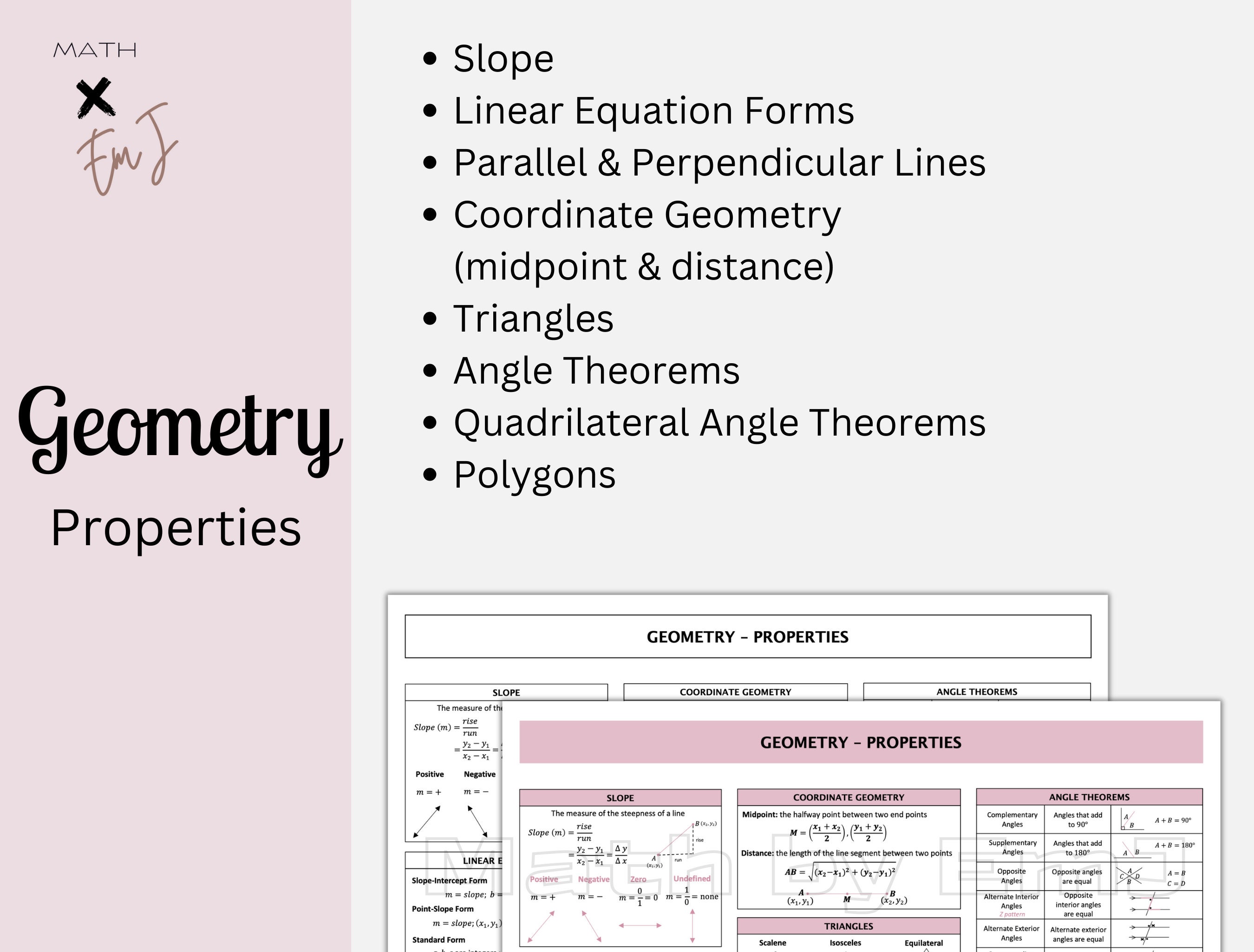 Geometry Math Formula Sheets 2D/3D Shapes Properties High School Math ...