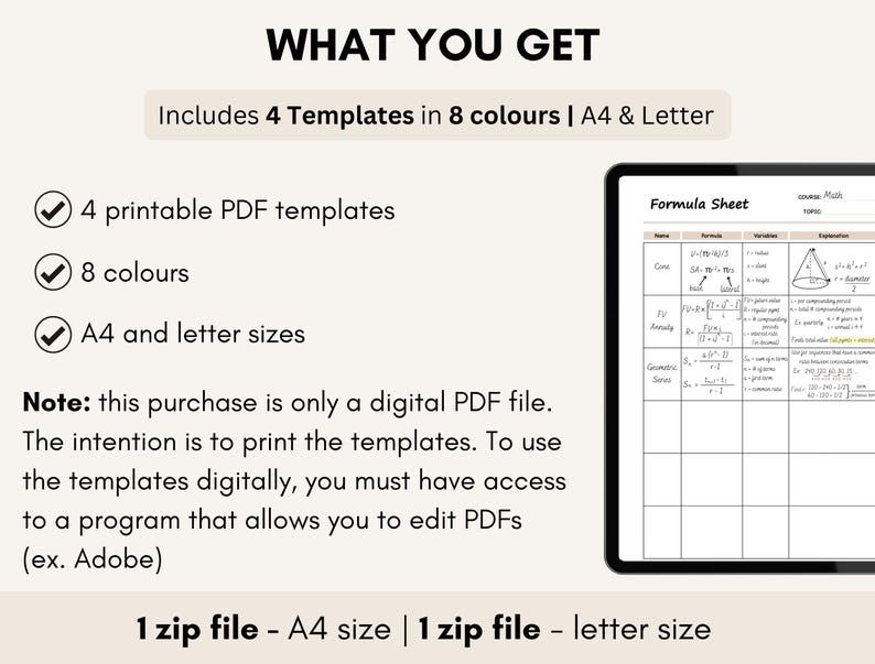 Math Formula Sheet Templates | Topic Summary Math Notes Reference Sheet ...