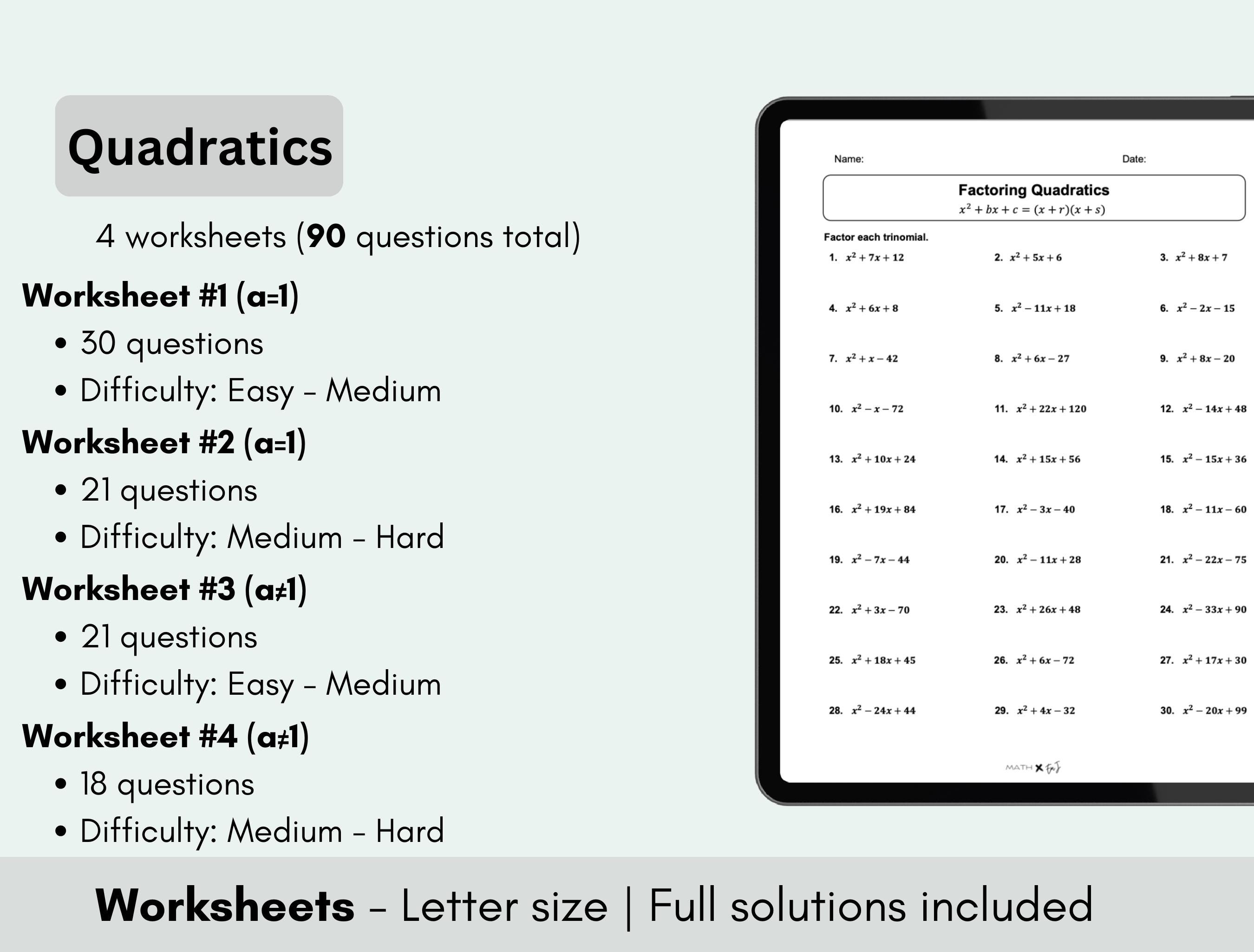 Factoring Worksheets & Cheat Sheet Printable Algebra Worksheets Math ...