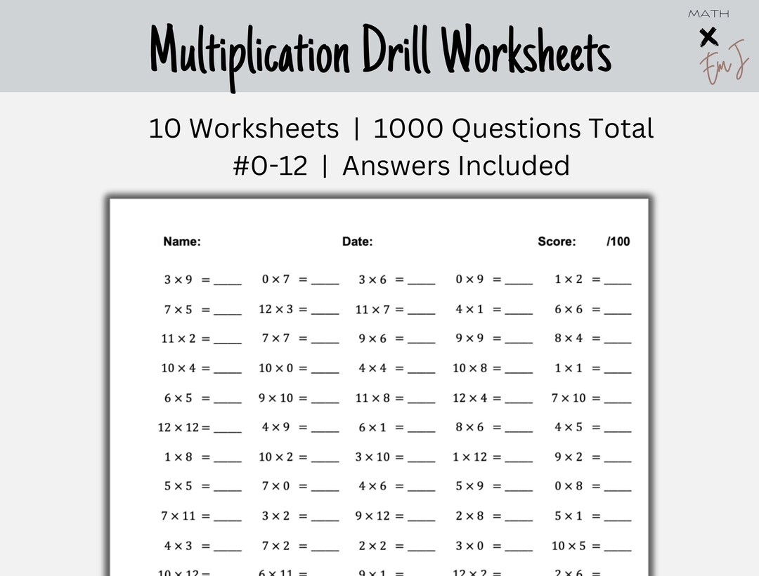 10 Multiplication Worksheets Numbers 0-12 Multiplication Drills ...