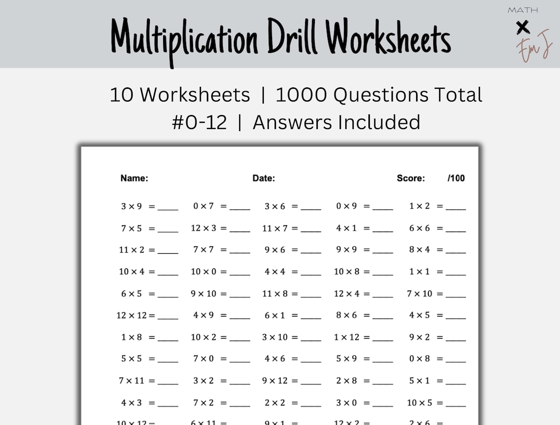10 Multiplication Worksheets Numbers 0-12 Multiplication Drills ...