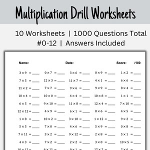 10 Multiplication Worksheets Numbers 0-12 Multiplication Drills ...