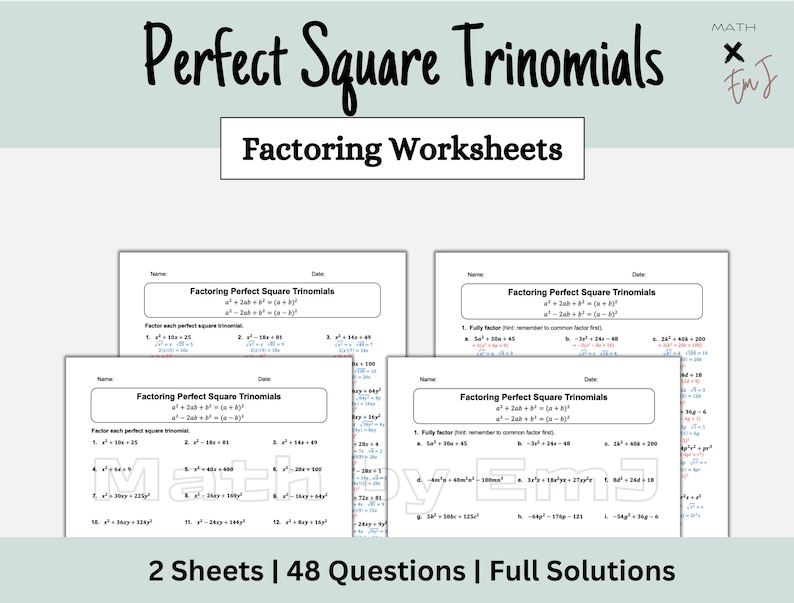 Factoring Worksheets Perfect Square Trinomials High School Math ...