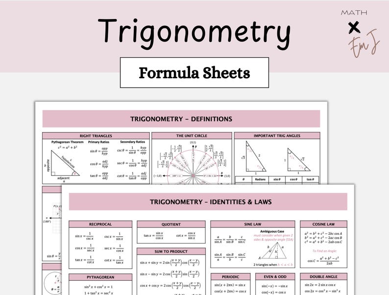 Math Formula Sheets Trigonometry Cheat Sheets Math Trigonometric Identities Trig Unit Circle ...