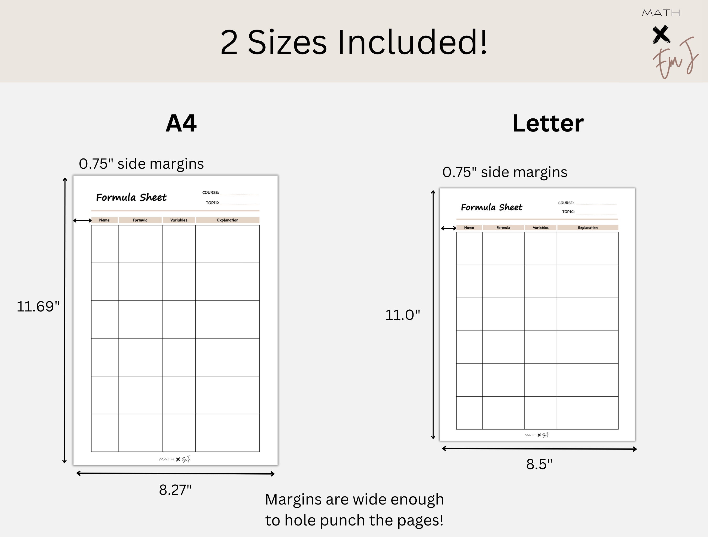 Printable Formula Sheet Templates 4 Versions Student Planners High ...