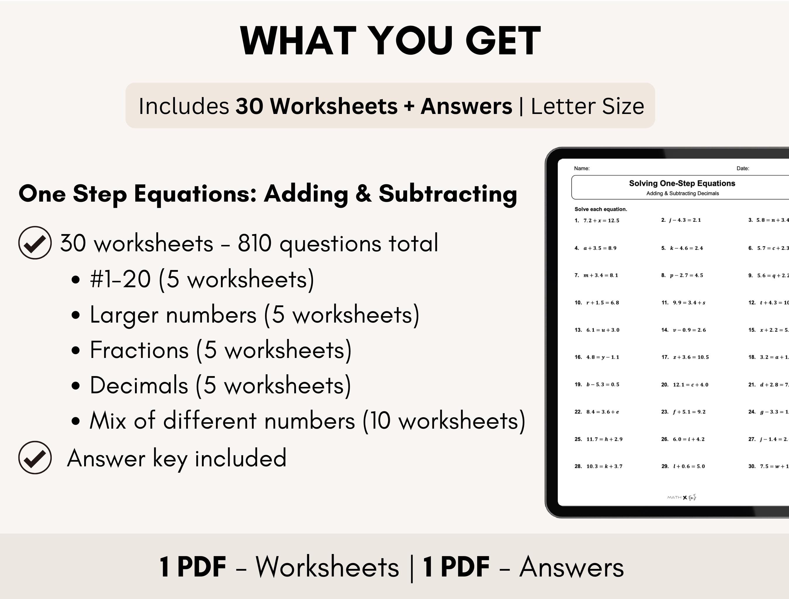 One-step Equation Worksheets Algebra Math Worksheets Addition & Subtraction Solving Equations ...