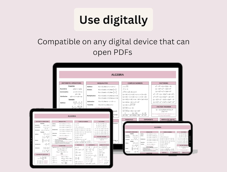 Algebra Cheat Sheet | Quick Reference Math Formula Algebra Summary Sheet | High School & College ...