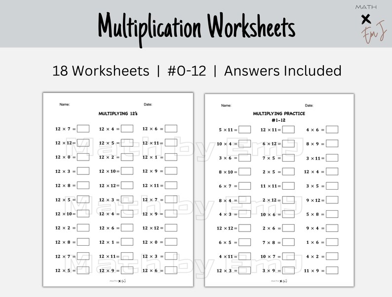 18 Multiplication Practice Worksheets Numbers 0-12 Multiplication ...