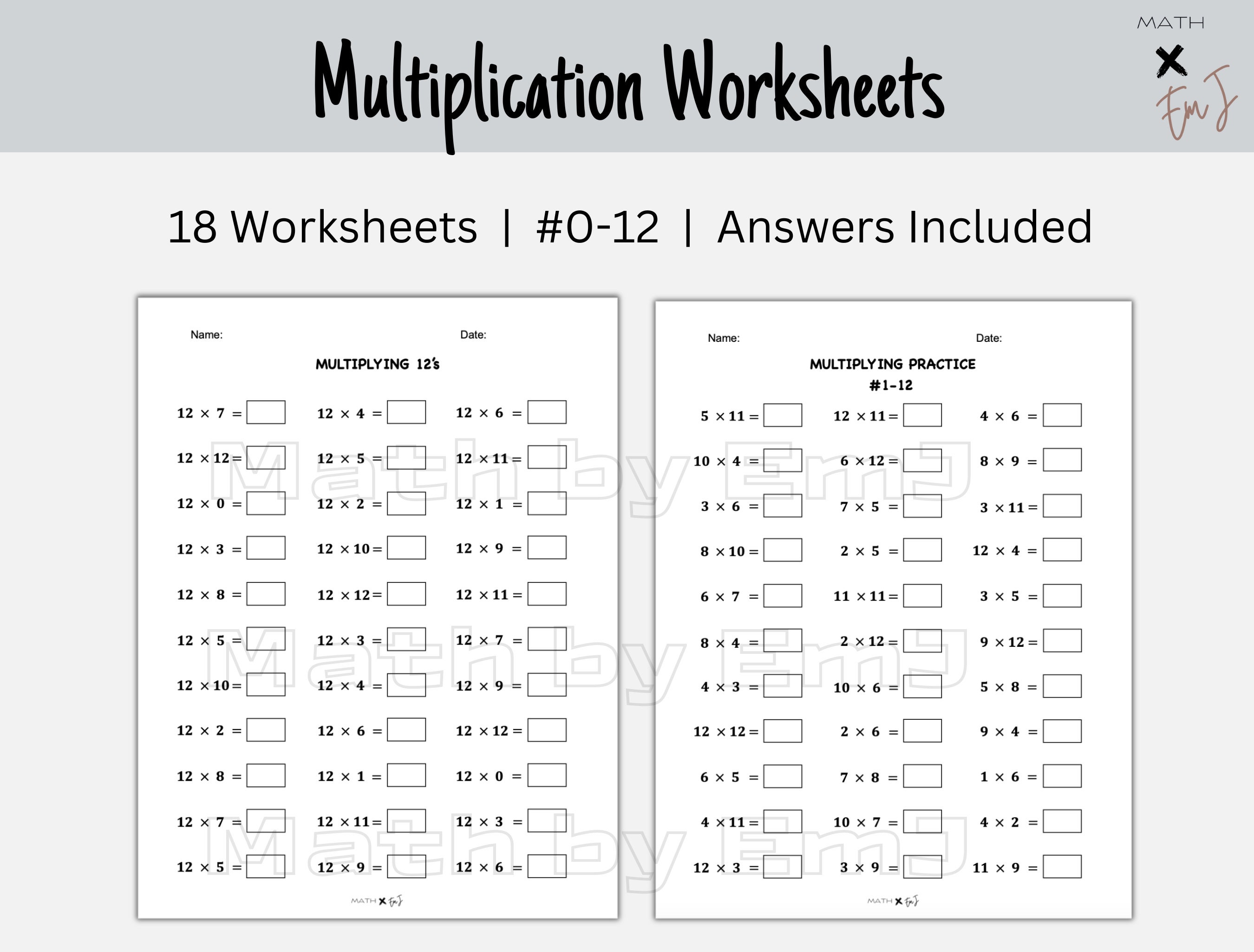 18 Multiplication Practice Worksheets Numbers 0-12 Multiplication ...